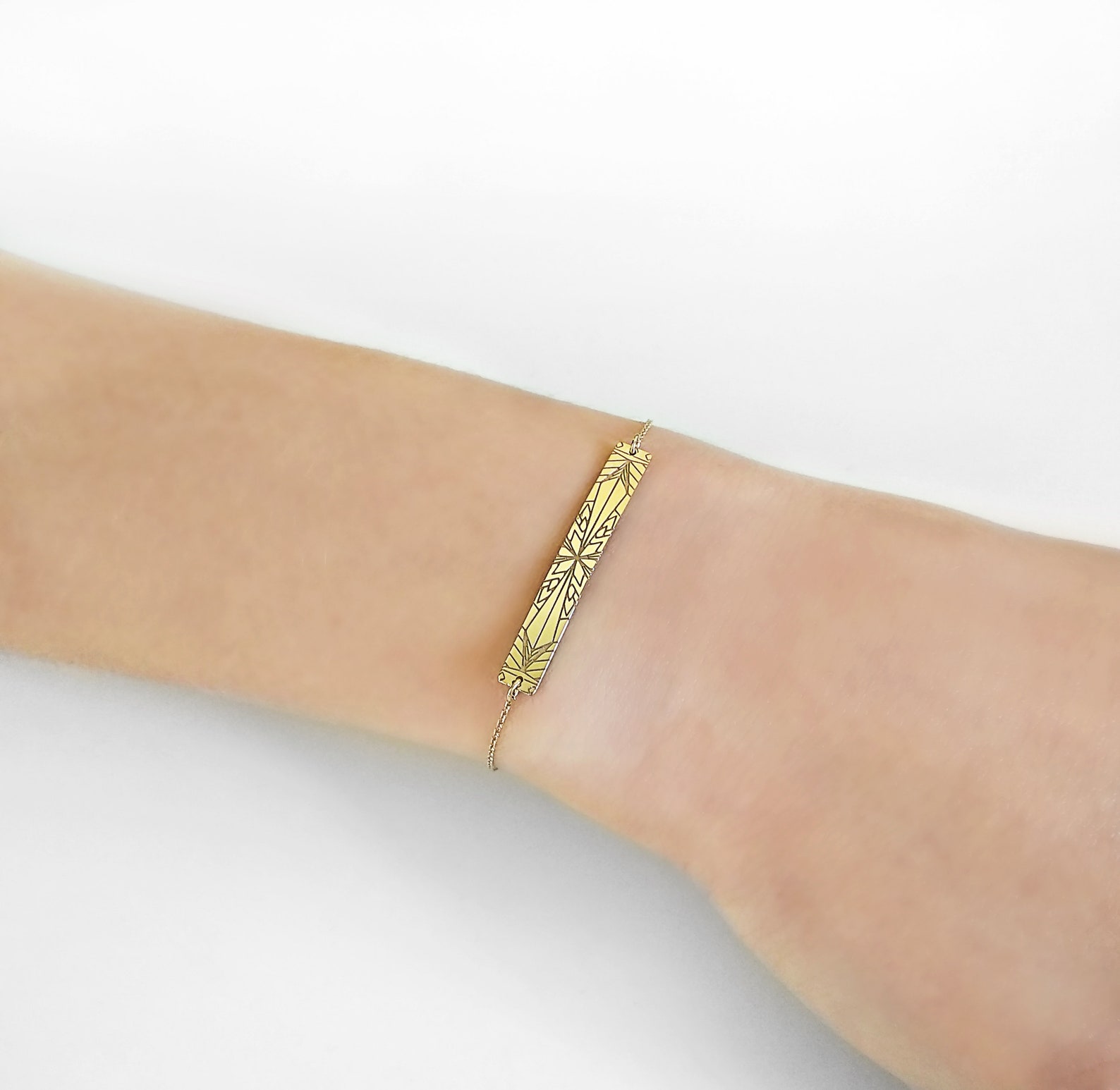 14K 9K Engraved Bar Bracelet, Solid Gold Bohemian Bracelet, Gold ...