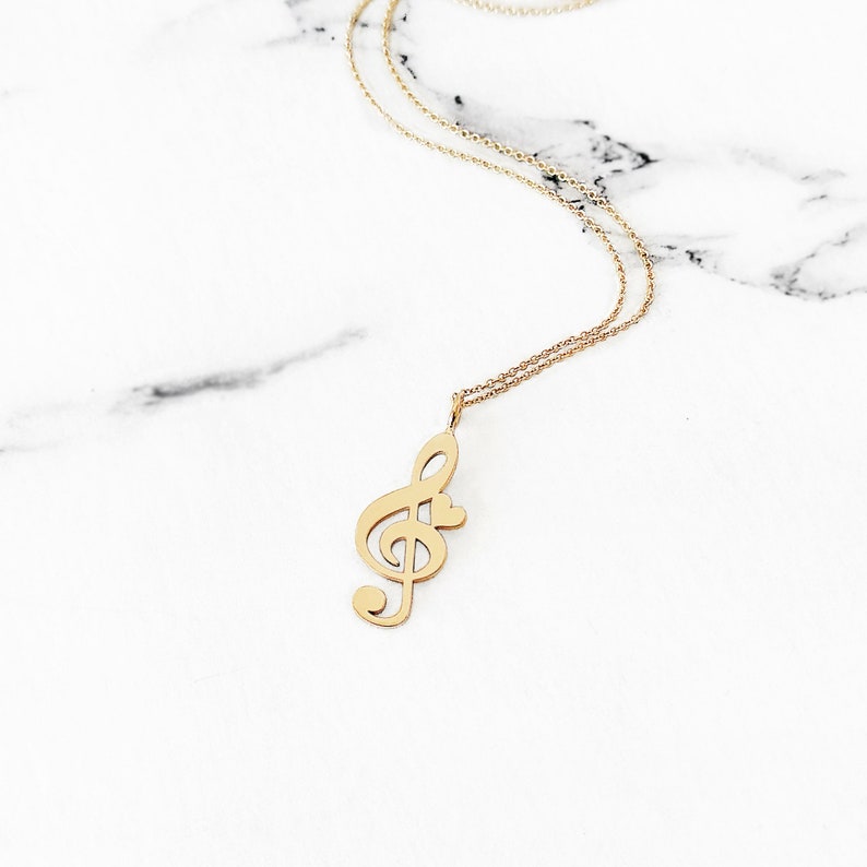 14K Gold Music Note Necklace, Treble Clef Charm Necklace, Dainty Music ...