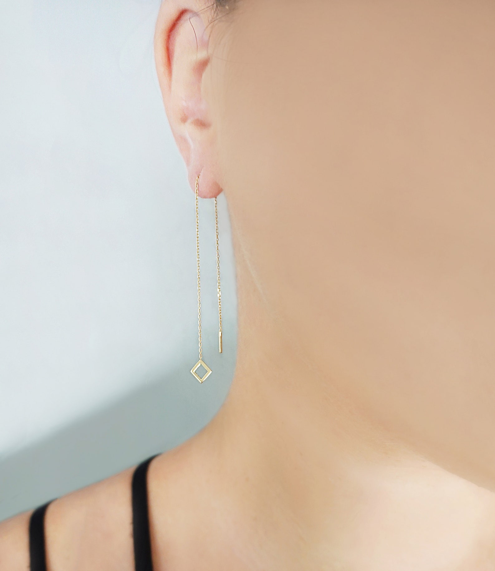 14K 9K Gold Rhombus Threader Earrings, Solid Gold Minimalist Earrings ...