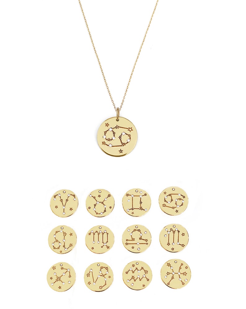 18K 14K 9K Diamond Zodiac Pendant Necklace, Constellation Disc Pendant ...