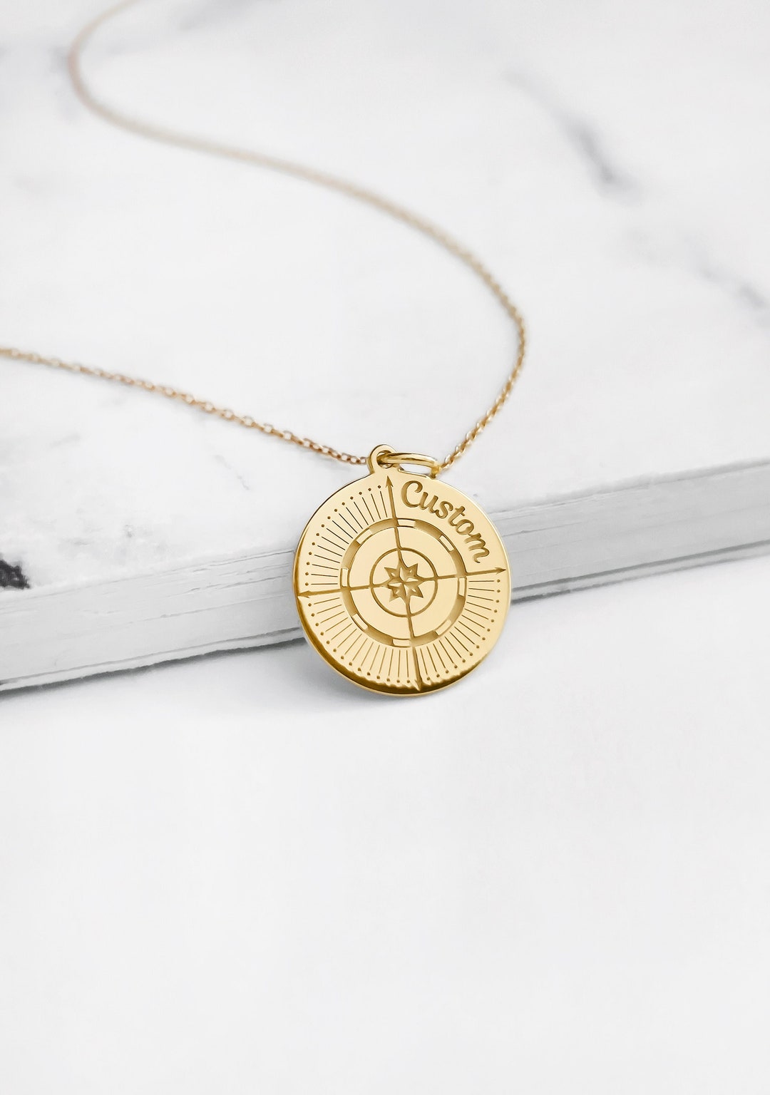 14K 9K Personalized Compass Pendant Necklace, Dainty Solid Gold ...
