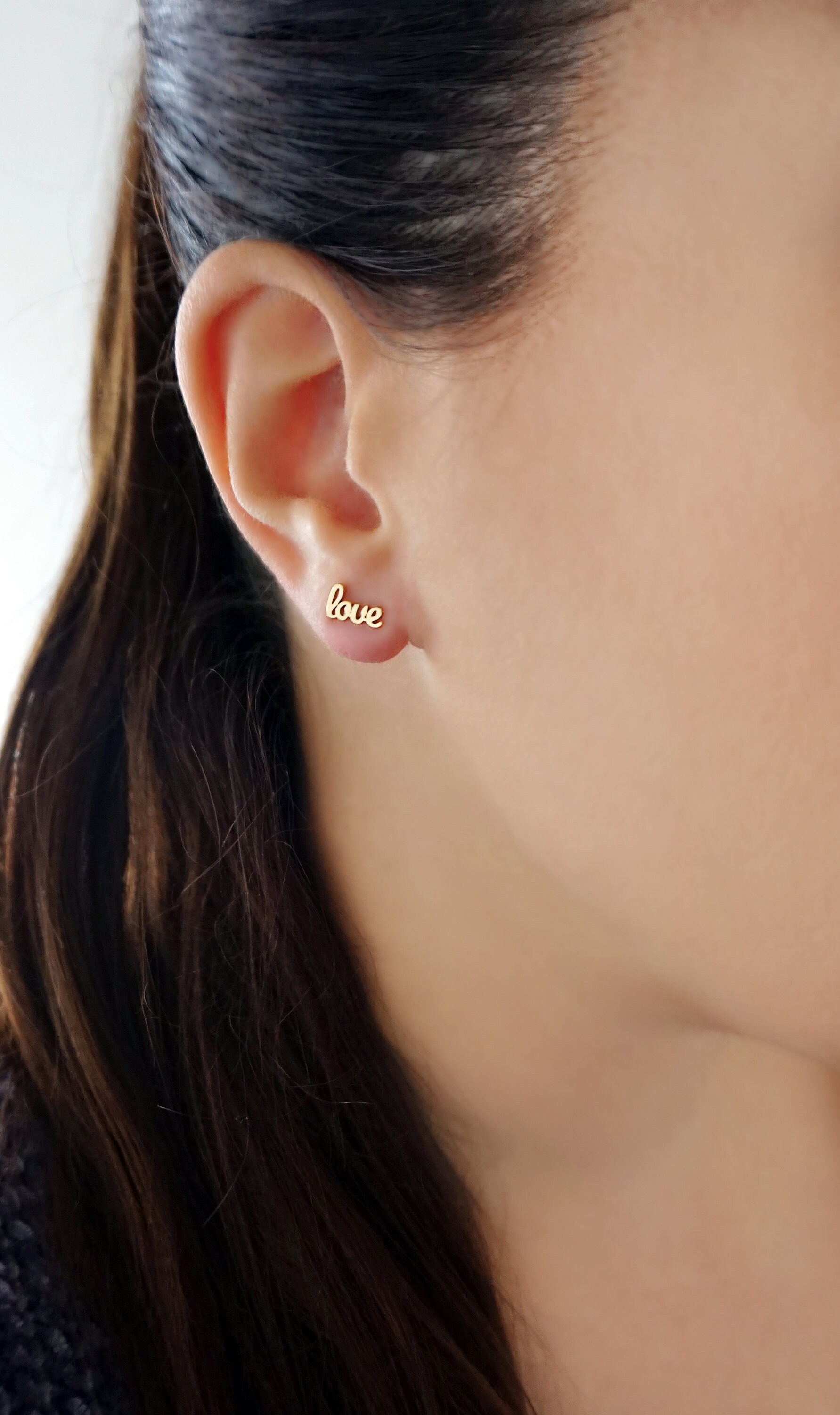 14K Love Earrings Cursive Love Stud Earrings Tiny love | Etsy