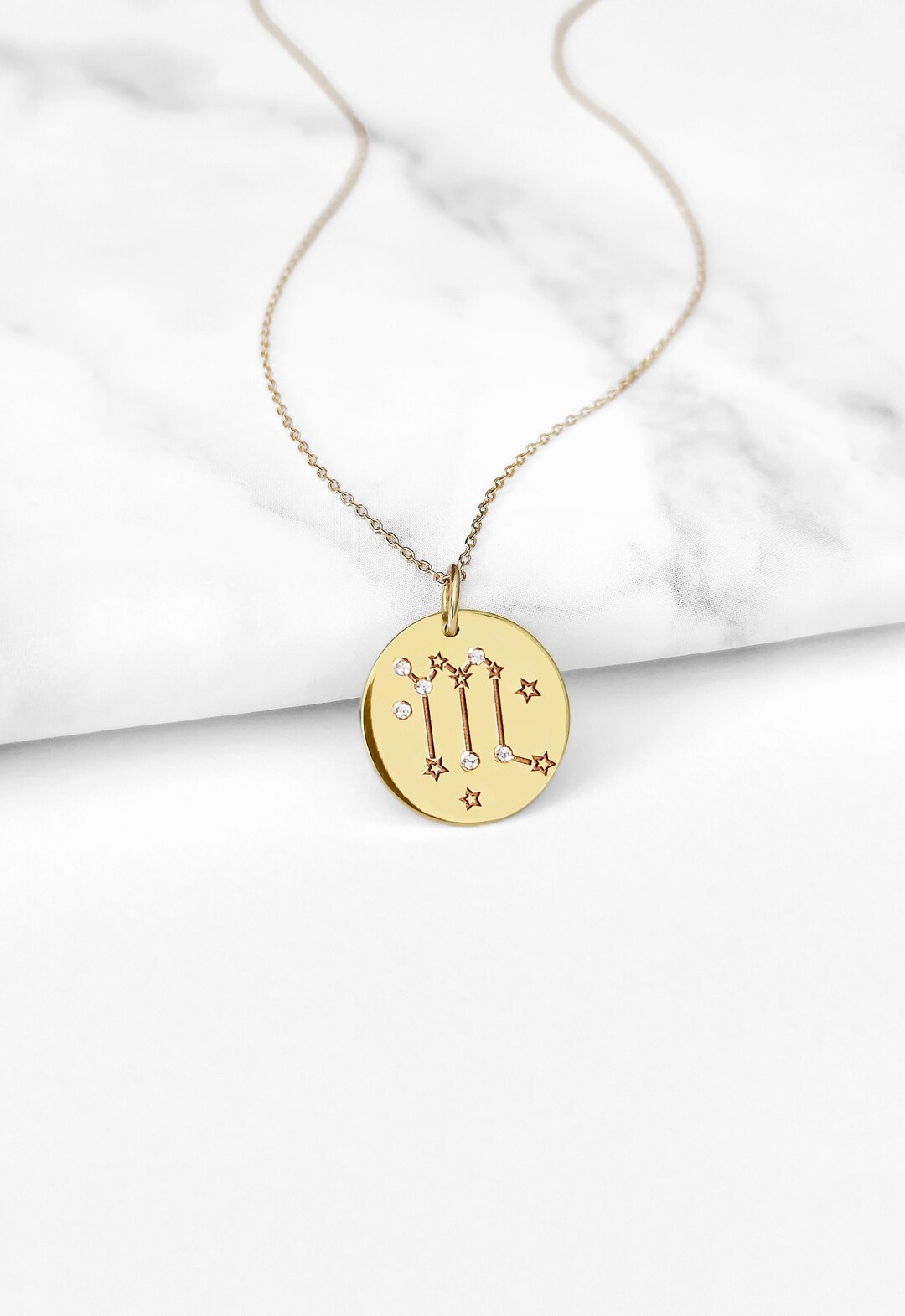 18K 14K 9K Diamond Zodiac Pendant Necklace, Constellation Disc Pendant ...