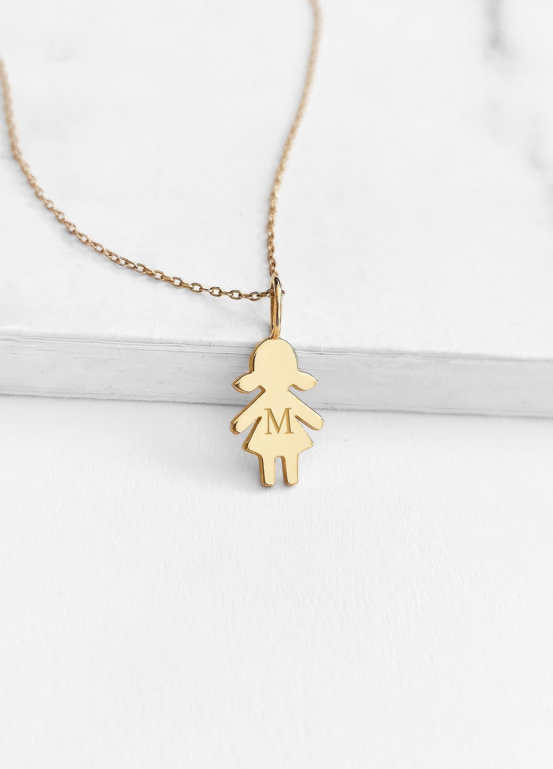 14K 9K Personalized Initial Tiny Girl Pendant, Solid Gold Girl Charm ...