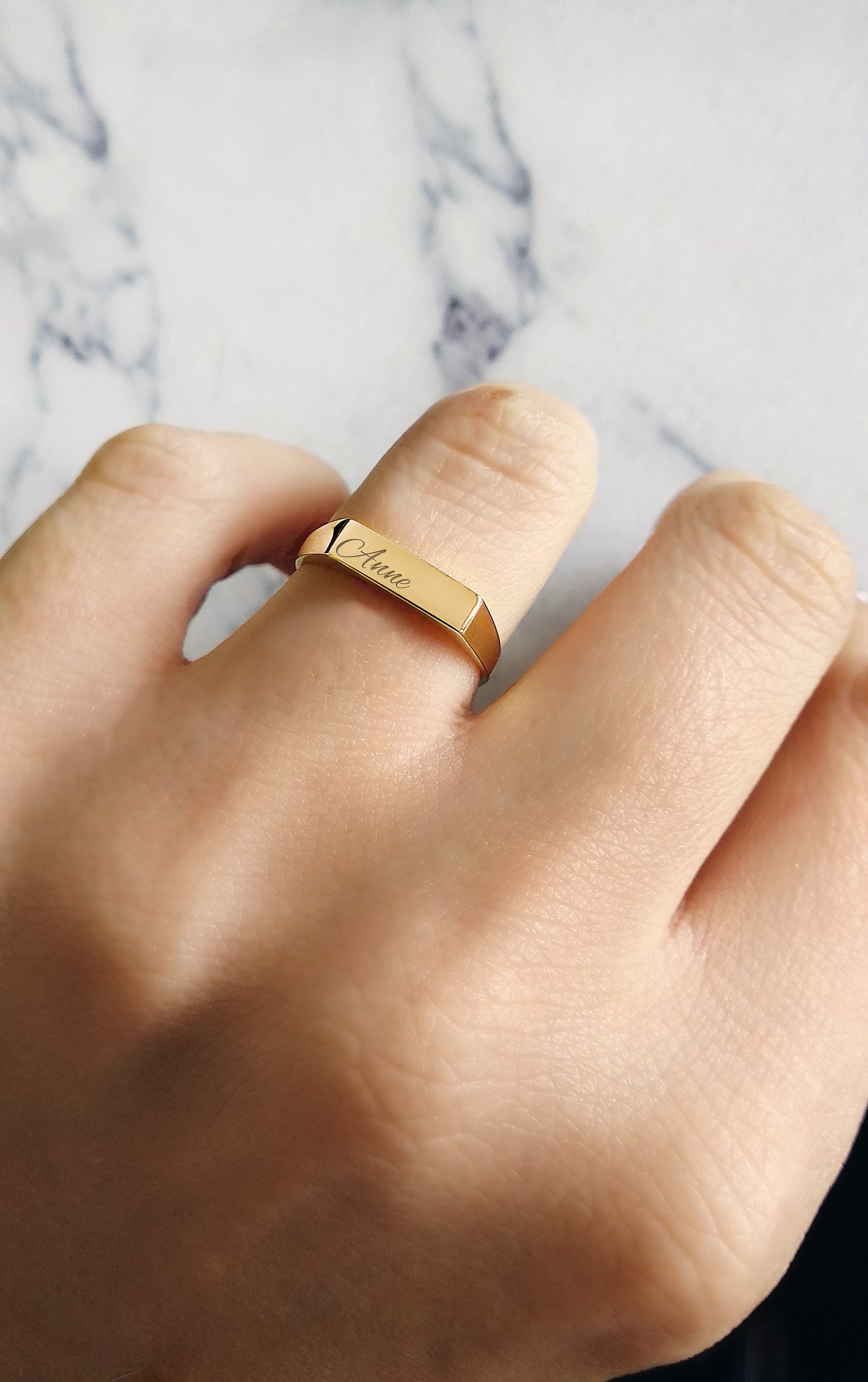 14K Rectangular Bar Signet Ring, Solid Gold Signet Ring, 18K Gold ...
