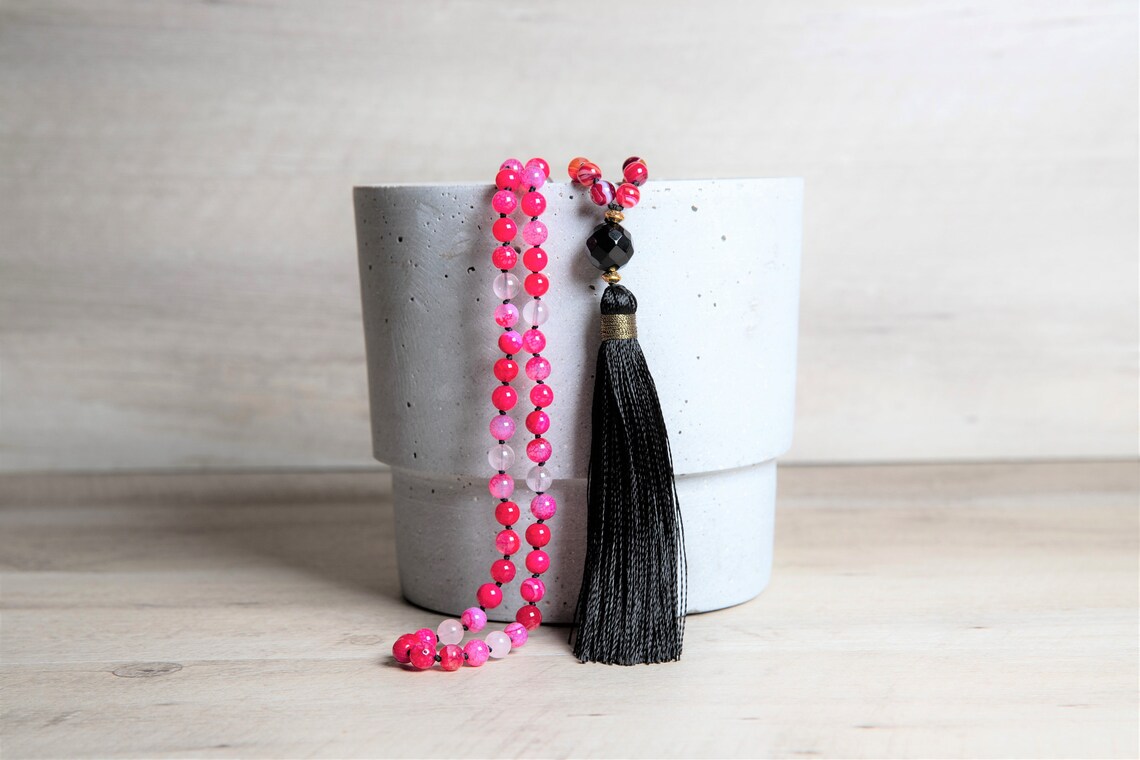 Long Red Agate and Rose Quartz Mala With Black Agate Guru - Etsy