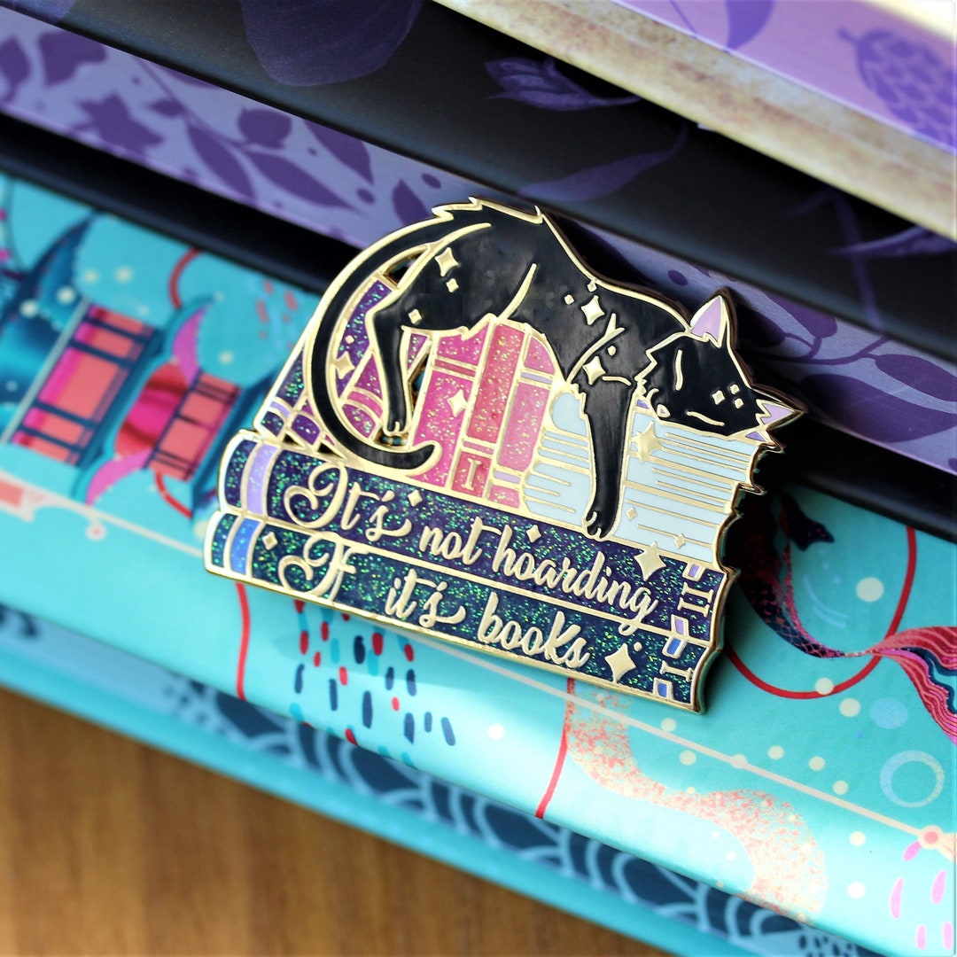 Book Hoarder Enamel Pin, Glitter Black Cat, Book Lover Badge - Etsy
