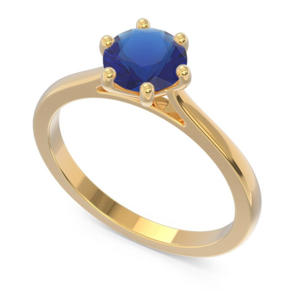 Blue Sapphire Round Solitaire Ring/ 14k Yellow Gold/ 6.5mm Round ...
