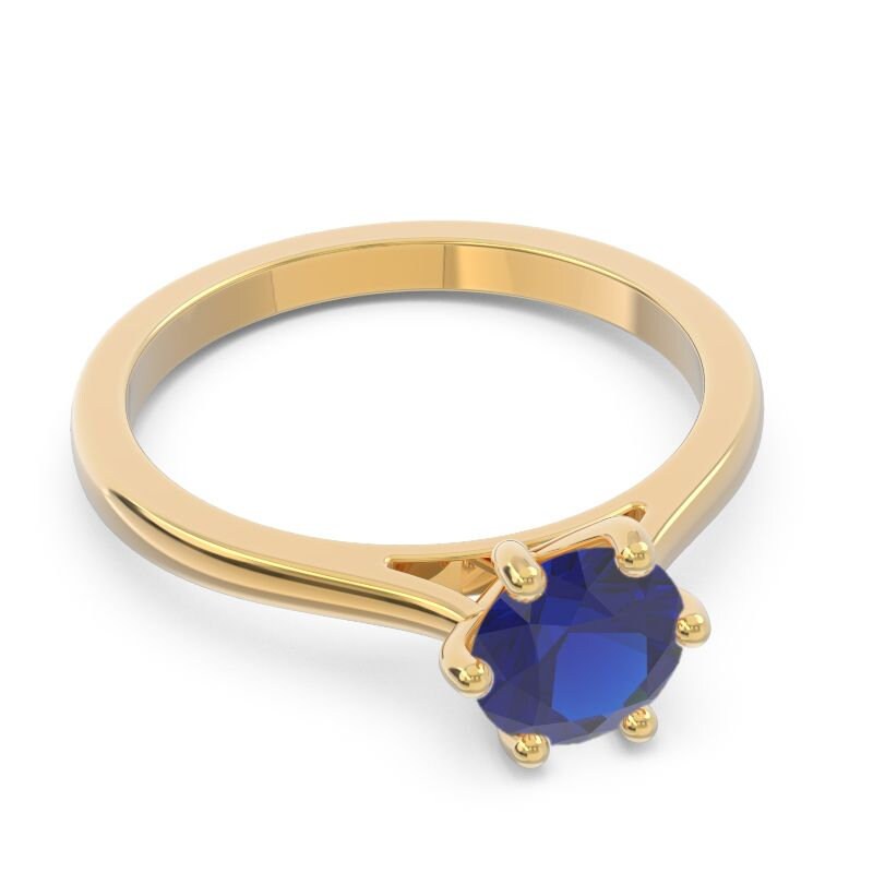 Blue Sapphire Round Solitaire Ring/ 14k Yellow Gold/ 6.5mm Round ...