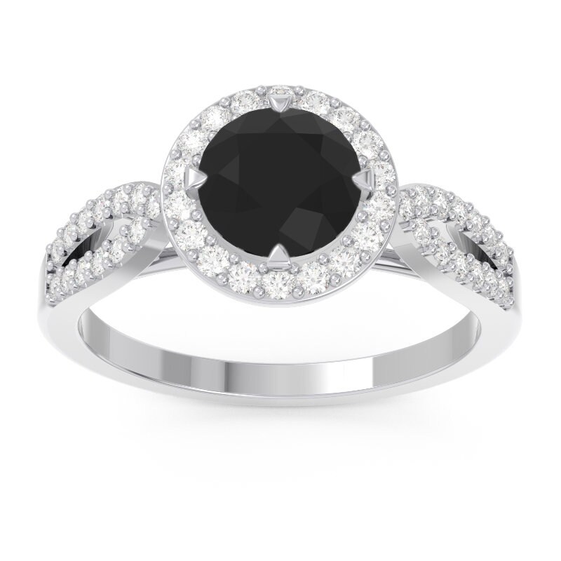 Black Onyx Diamond Engagement Ring/ Halo Pave Ring in 14k Gold/ Fancy ...