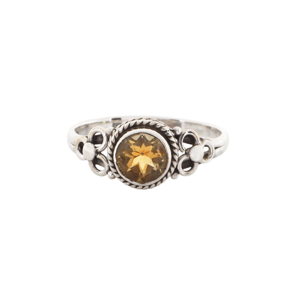 Hand Carved Shank/ Silver Ring With Gemstones/ Round Faceted/ Citrine ...