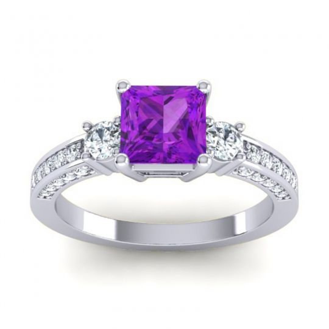 Amethyst Diamond 3 Stone Ring/ Princess Cut Square Gemstone/square ...