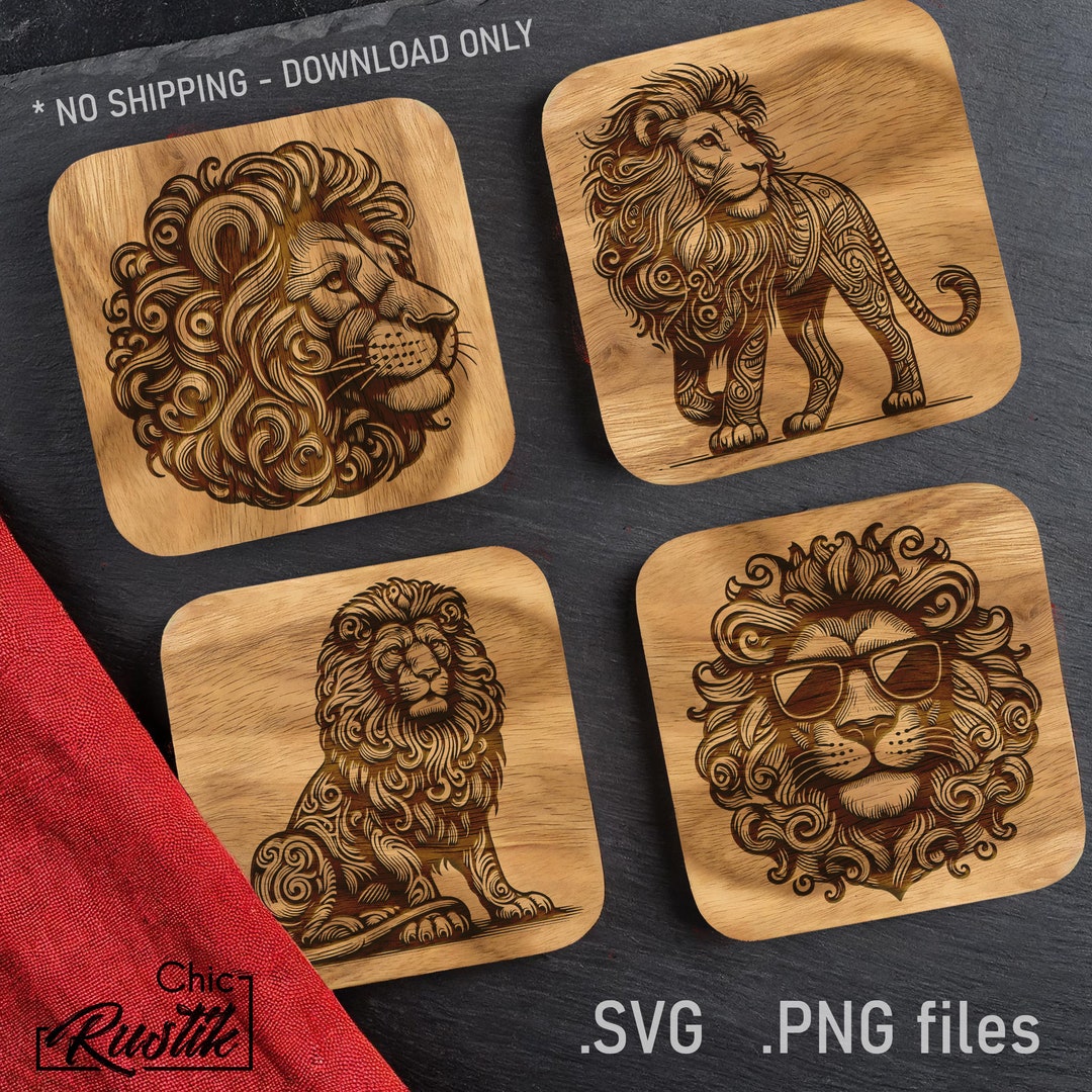Stylized Lion SVG PDF PNG, 4 Lion Vector Design for Laser Engraving ...