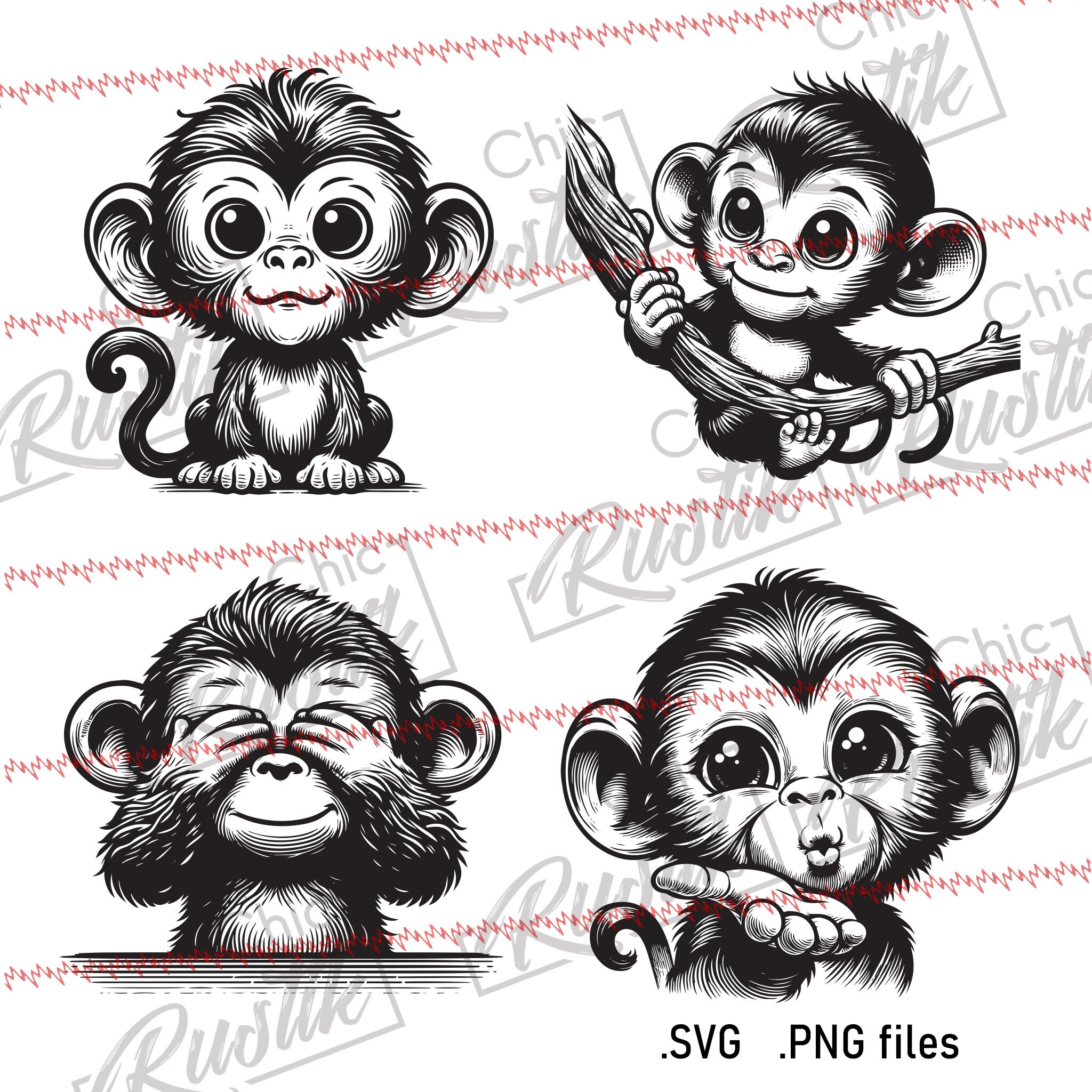 Monkey SVG PDF and PNG, 4 Monkey Vector Design for Laser Engraving ...