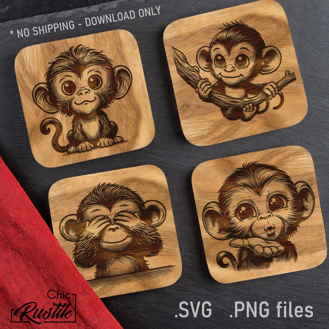 Monkey SVG PDF and PNG, 4 Monkey Vector Design for Laser Engraving ...