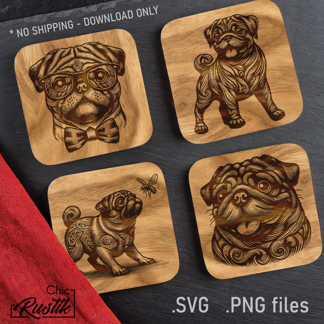 Pug and Mop SVG PDF and PNG, 4 Grumble Vector Design for Laser ...