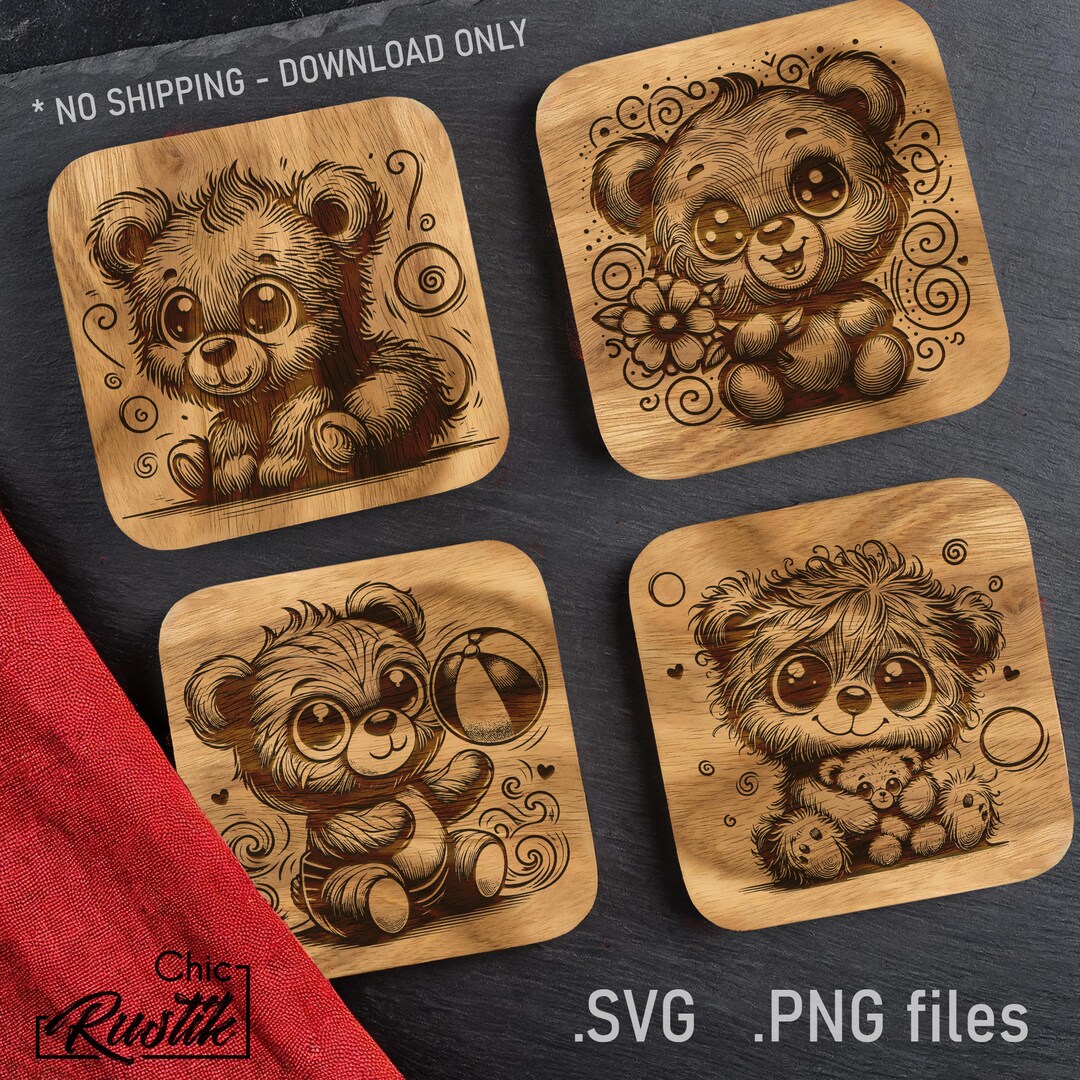 Teddy Bear SVG PDF PNG, 4 Teddy Bear Vector Design for Laser Engraving ...