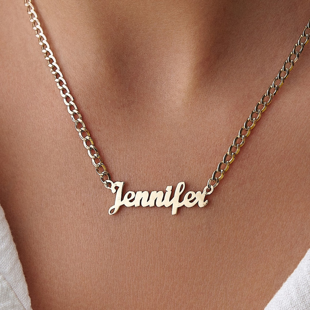 14K Solid Gold Cursive Name Necklace: Personalized Cuban Chain - Etsy