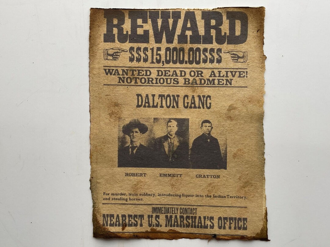 Wanted Poster Vintage Style Western Print Wild West Dalton Gang Reward ...