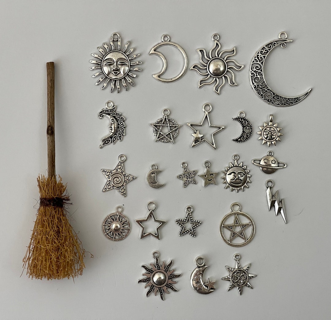 Witch Charms With Broom, Pagan Charm Set, Witchcraft, Pentacle ...