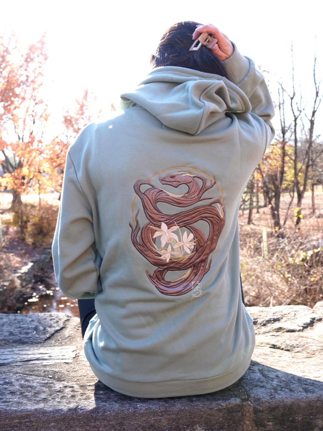 Embroidered Snake Zip Hoodie: Sage Green Cotton Fleece, Zodiac Design ...