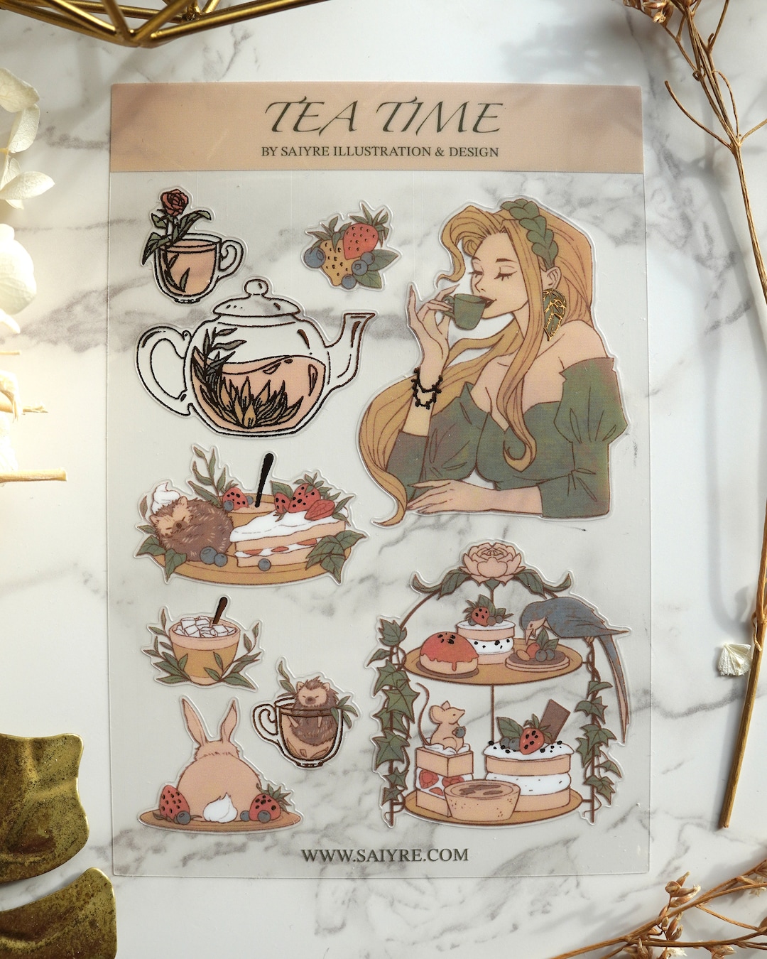 Tea Time Sticker Sheet Kawaii Aesthetic Journal Stickers Clear or Matte Versions Gold Foil ...