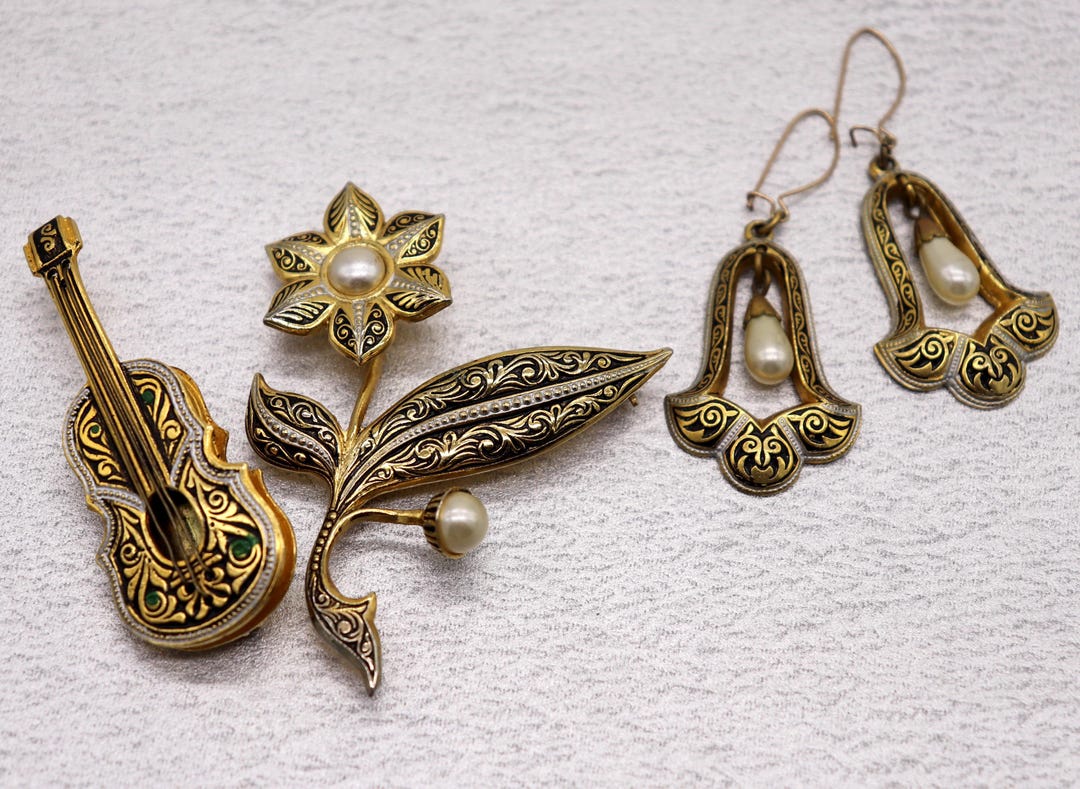 Lot Vintage Spanish Damascene Style Jewelry Incl. Guitar Brooch Marked ...
