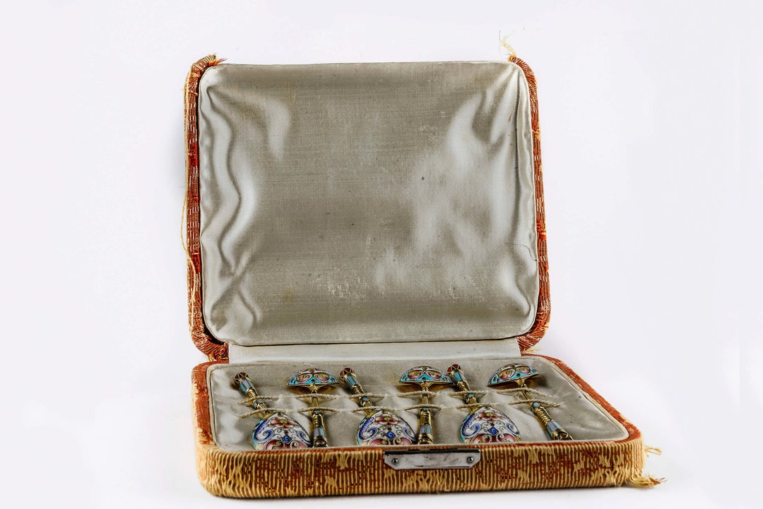 A Set of 6 Antique Russian Silver 84 Cloisonne Shaded Enamel - Etsy