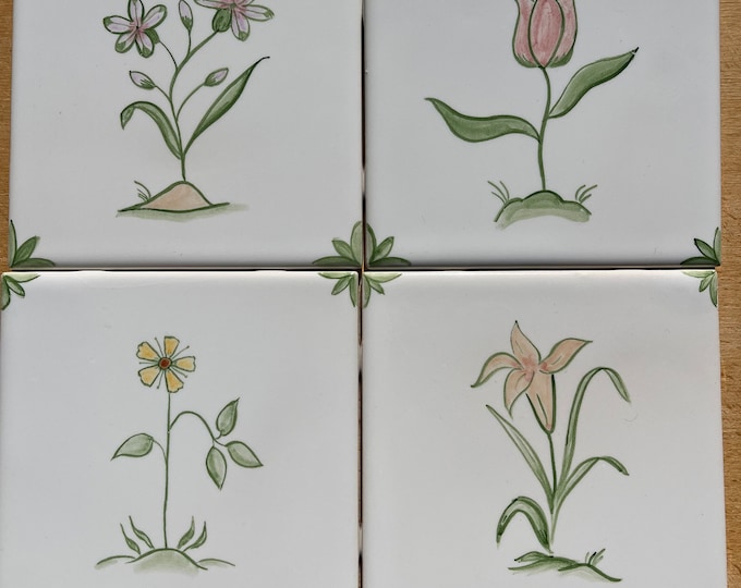 Set of Four 6" Hand Painted Tiles, Green Outlines, Delft Style - Etsy