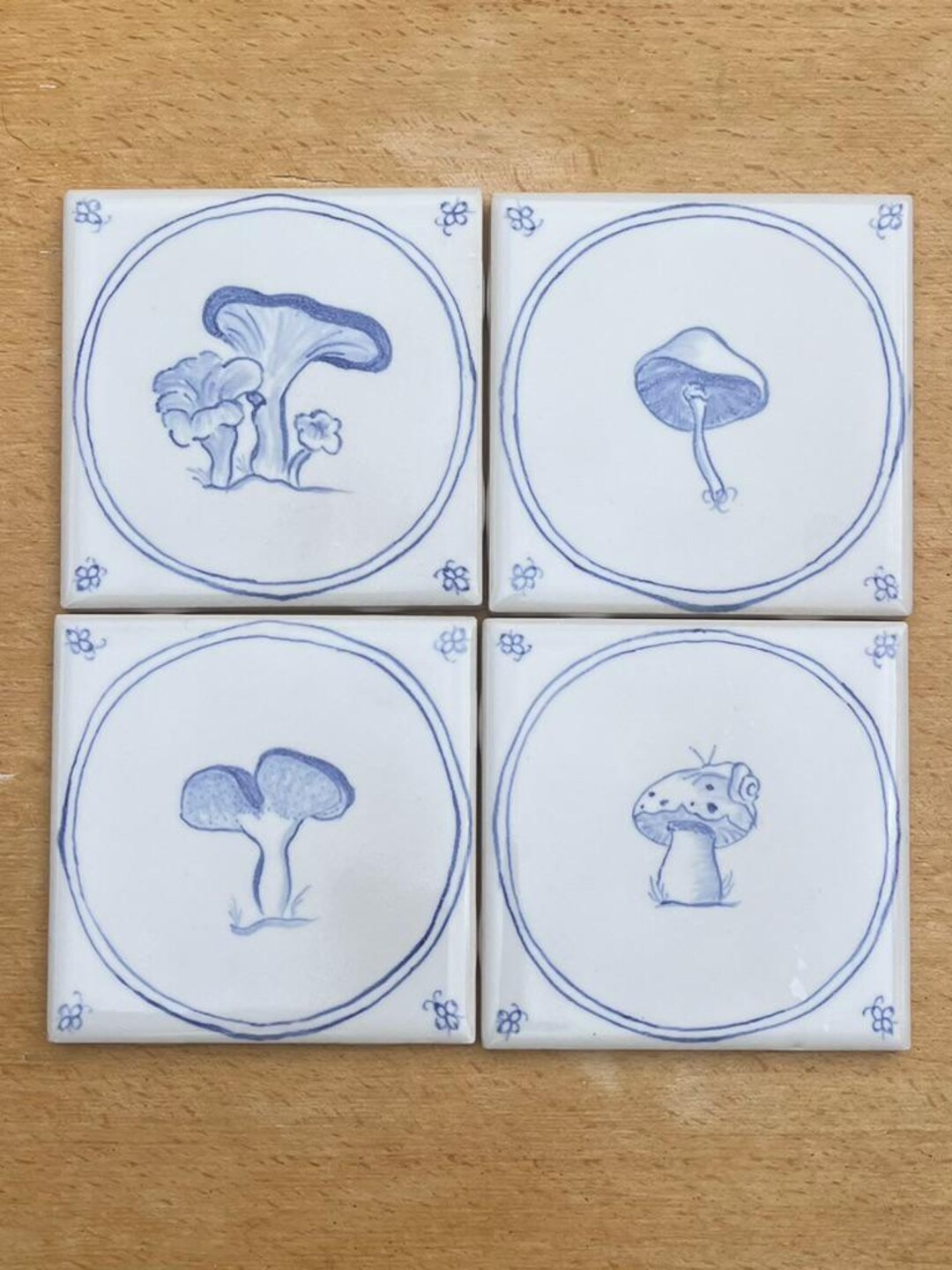 Defective: Set of Four 4.25" Hand Painted Tiles, Mushrooms in a Delft ...