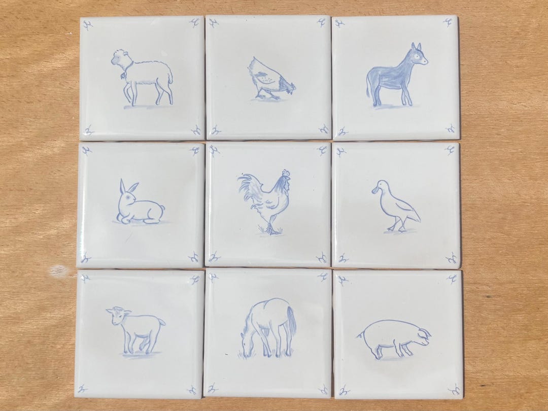 Farm Motif - Delft Style Tiles for Back Splash, Set of Nine 4.25" Hand ...
