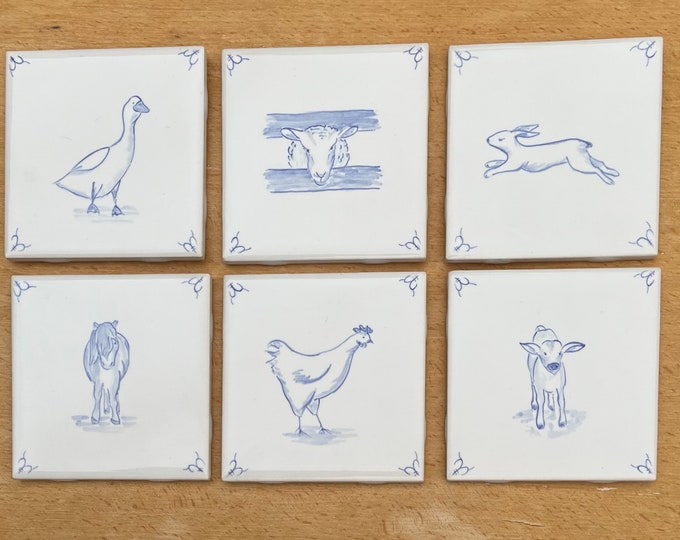 Farm Motif Delft Style Tiles for Back Splash, Set of Twelve 4.25 Hand ...