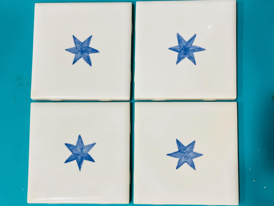 Blue Stars, Set of Four 4.25" Hand Painted Tiles - Sample for ...