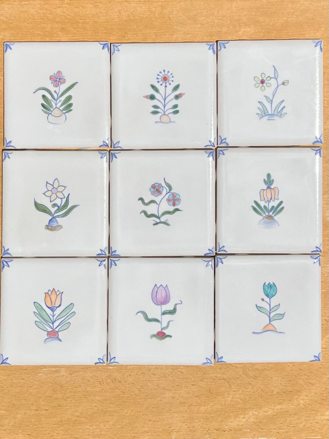 Nine Hand Painted Tiles, Polychromatic Delft Style - Etsy