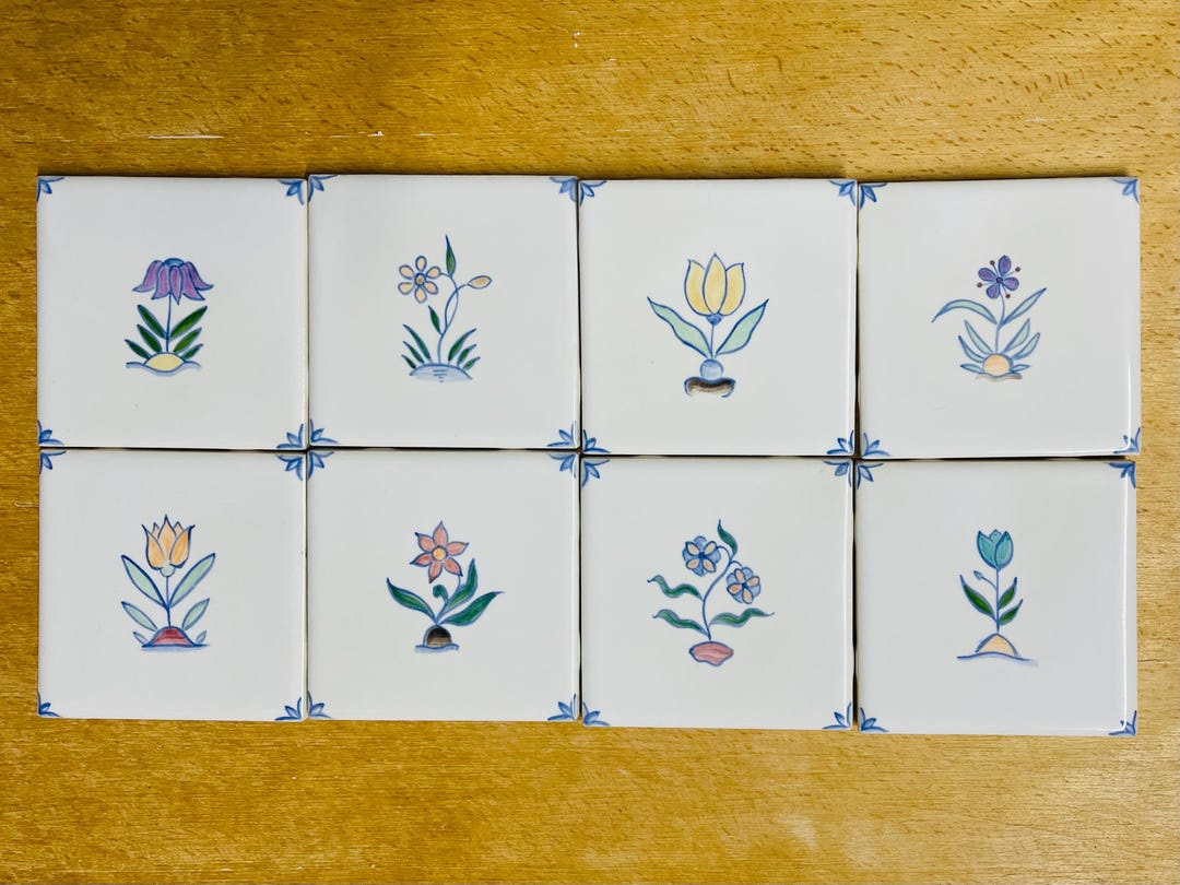 Eight Hand Painted Tiles, Polychromatic Delft Style - Etsy