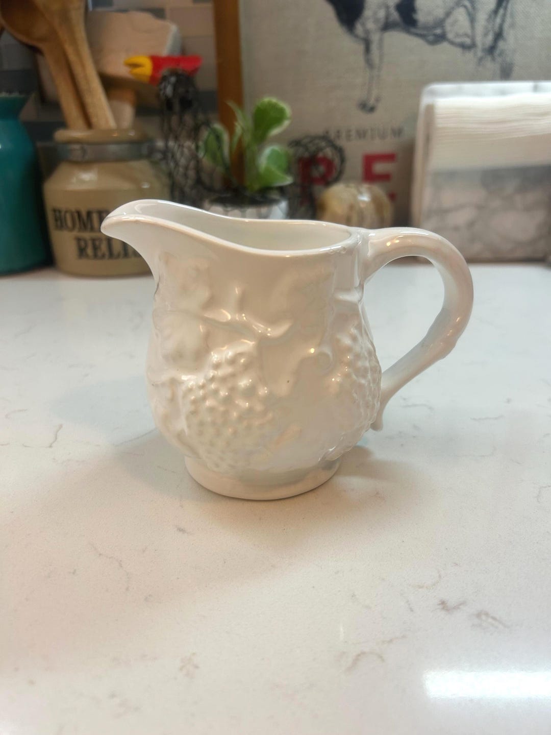 Vintage Neuwirth White Ceramic Pitcher | Embossed Grapevine Motif ...