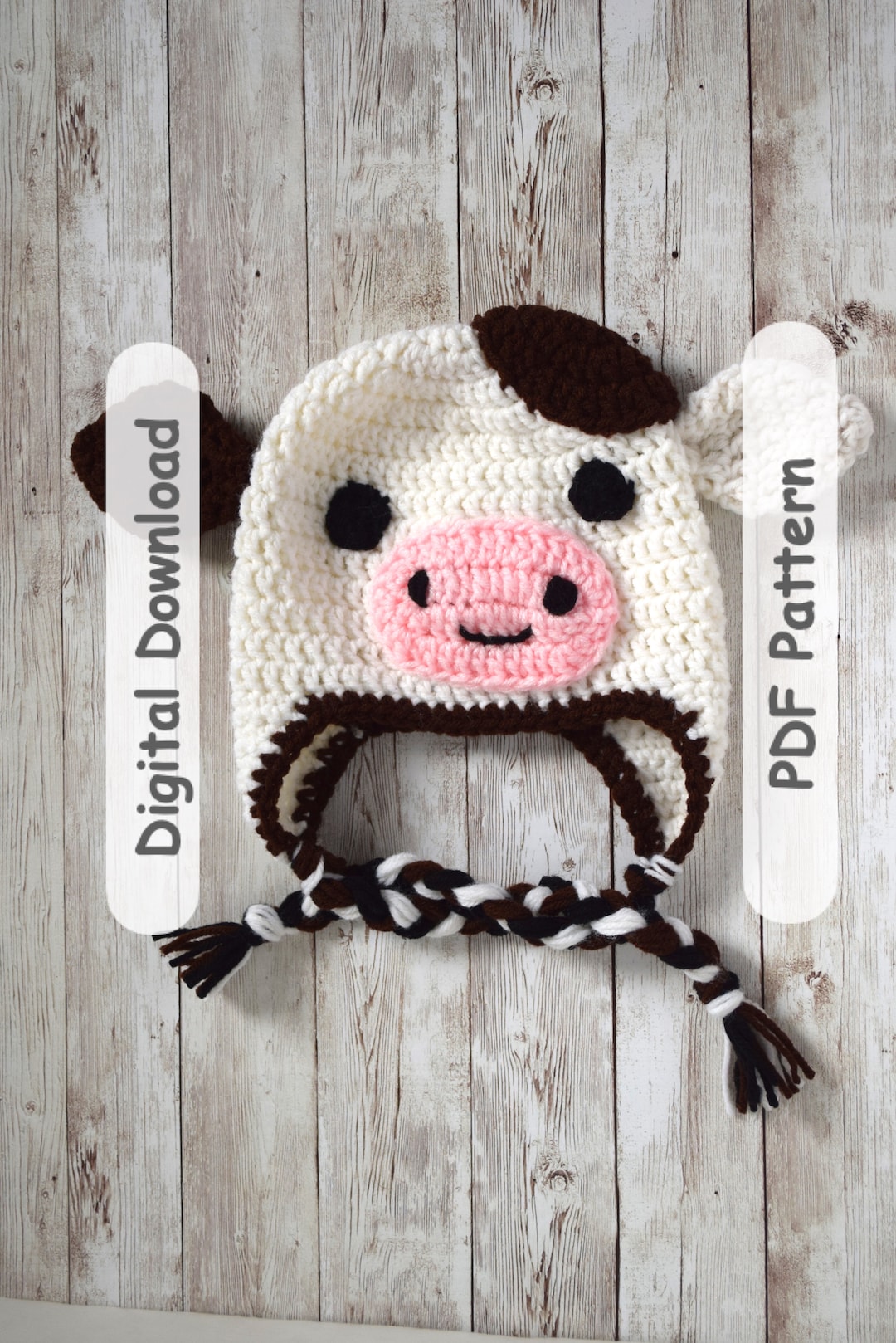 Cow Hat Crochet Pattern Multi-size Beanie Animal Face Ear-flap Winter ...