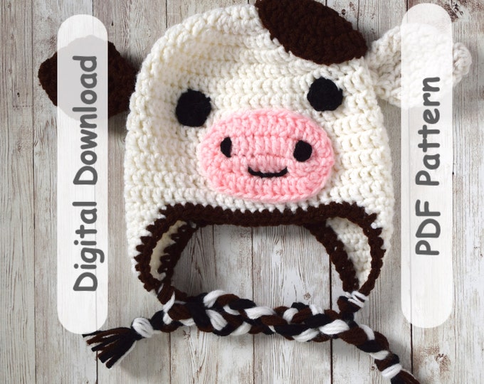 Cow Hat Crochet Pattern Multi-size Beanie Animal Face Ear-flap Winter ...