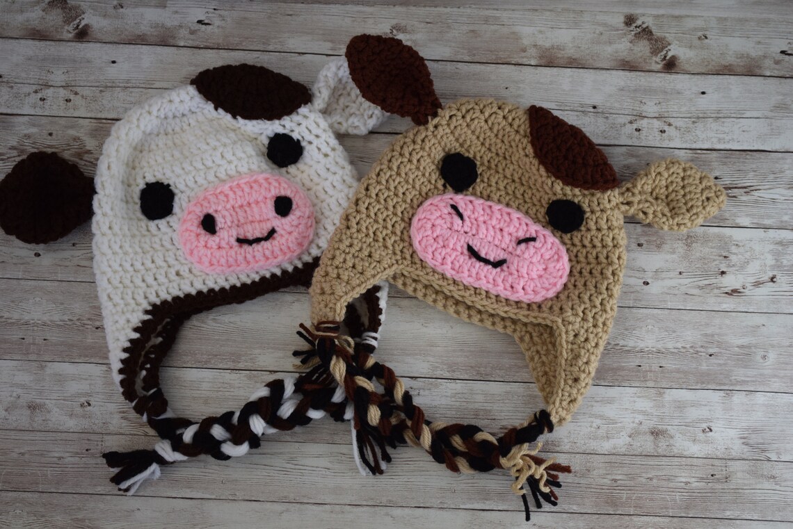 Cow Hat Crochet Pattern - Multi-size Beanie - Animal Face - Ear-flap ...