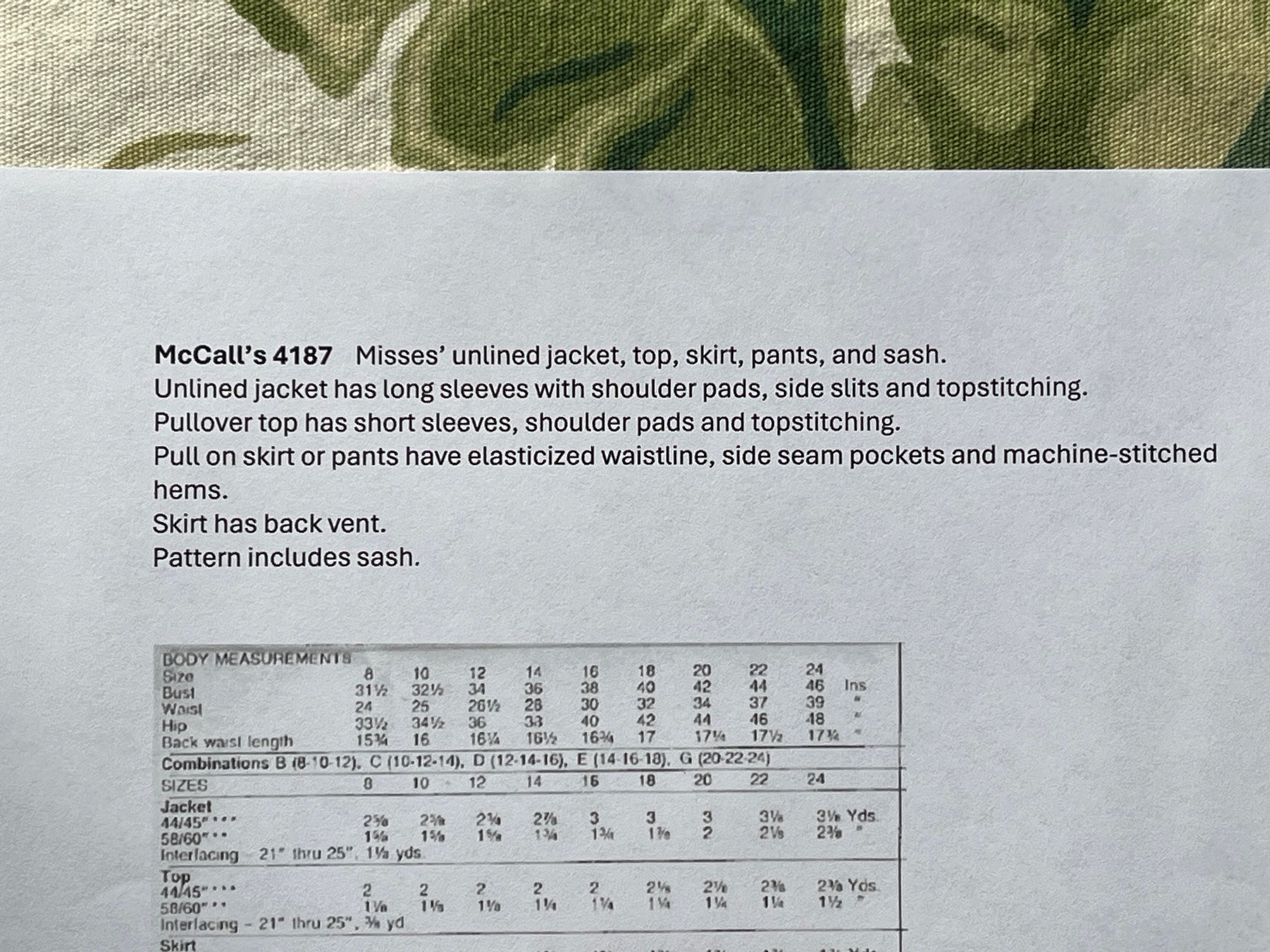 Mccall's Sewing PATTERN 4187 Misses' Jacket, Top, Skirt, Pants & Sash ...