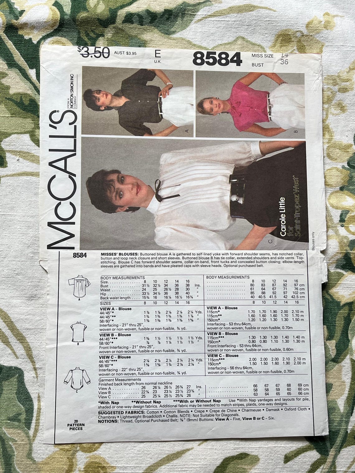 Mccall's Sewing PATTERN 8584 Misses' Blouses Size: 14 Bust 36" Waist 28 ...
