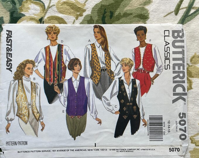 Vintage 1990s Butterick Sewing PATTERN 5070 Misses' Vest Size: 12-14-16 ...
