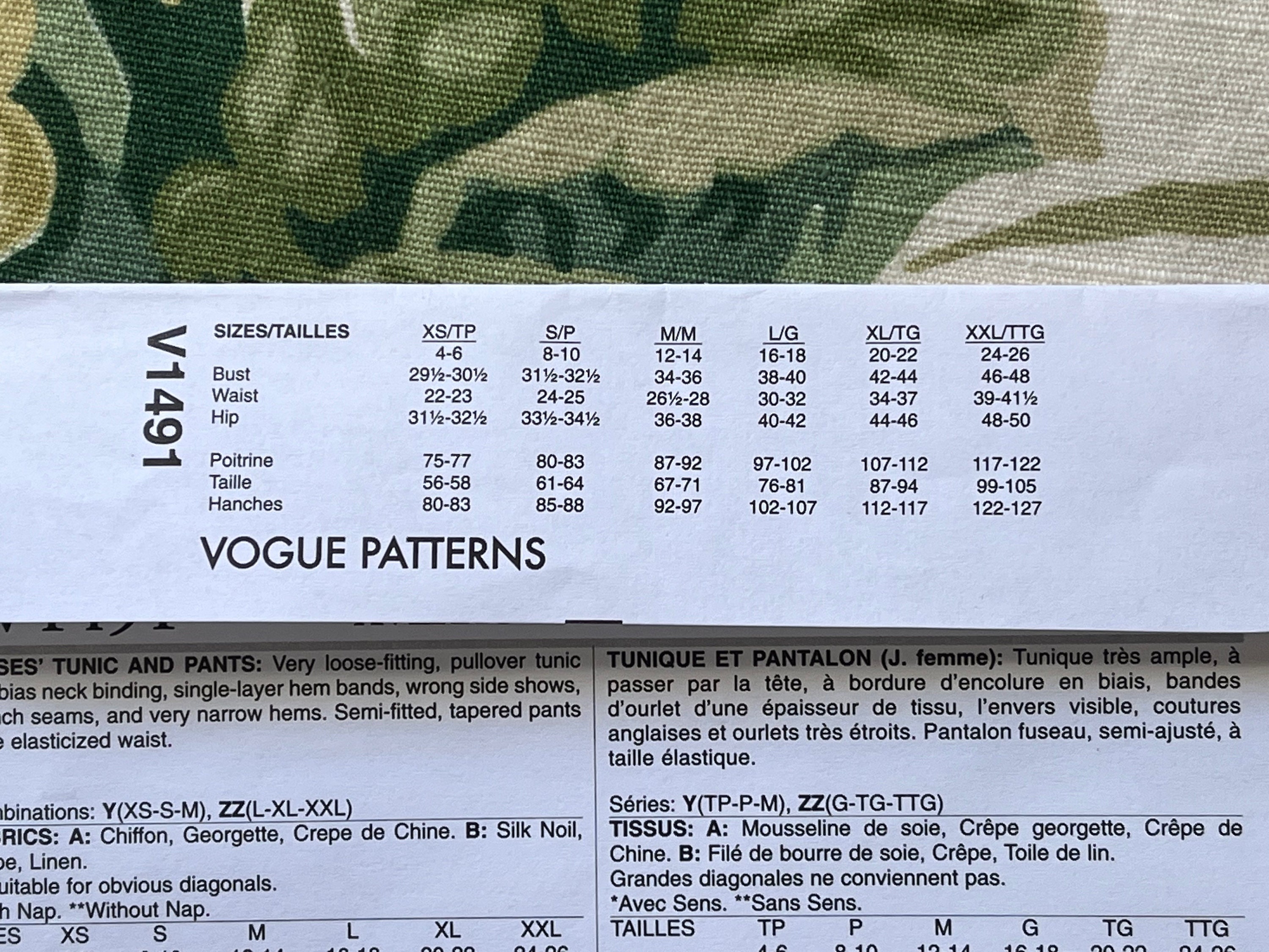 Vogue Sewing PATTERN 1491 Misses' Tunic and Pants Size XS-S-M Bust 29. ...