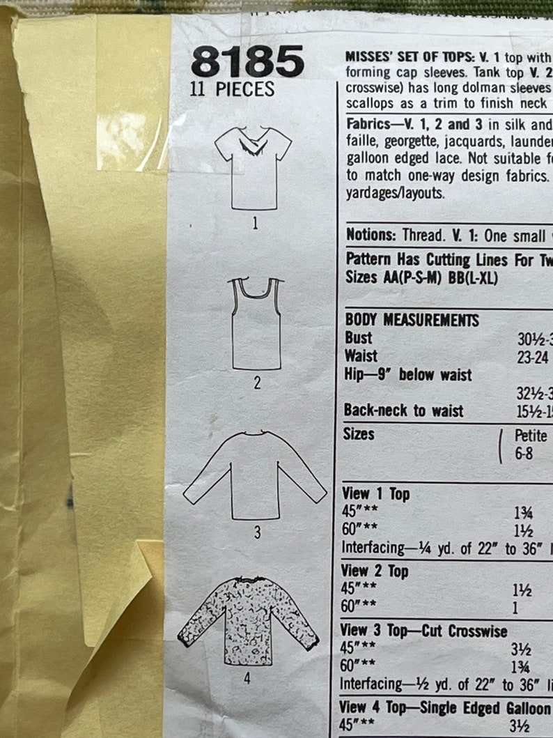 Vintage 1990s Simplicity Sewing PATTERN 8185, Misses' Set of Tops, Size ...