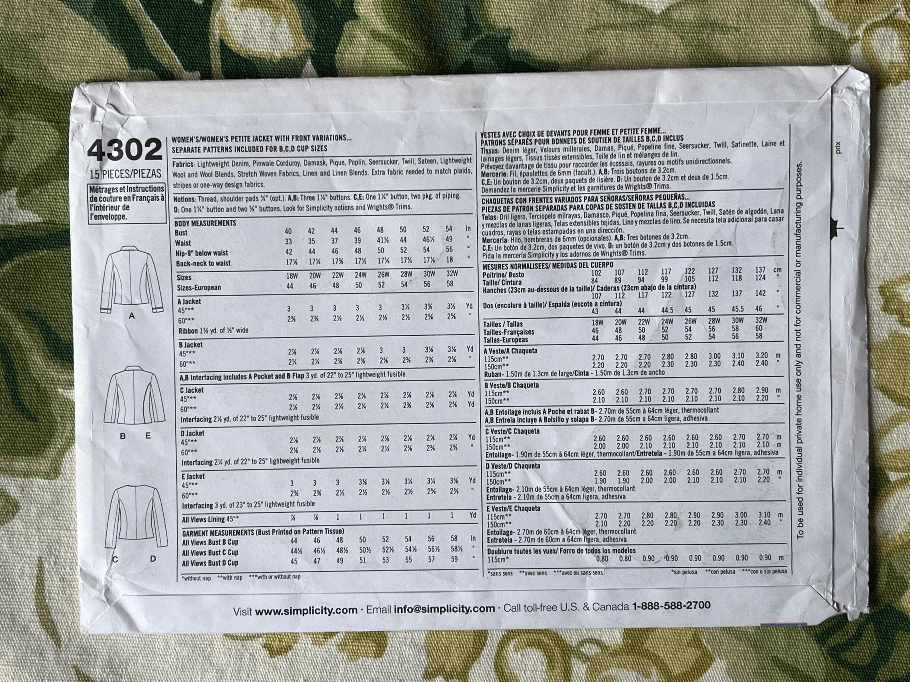 Simplicity Sewing PATTERN 4302, Misses' Jacket With Front Variations ...