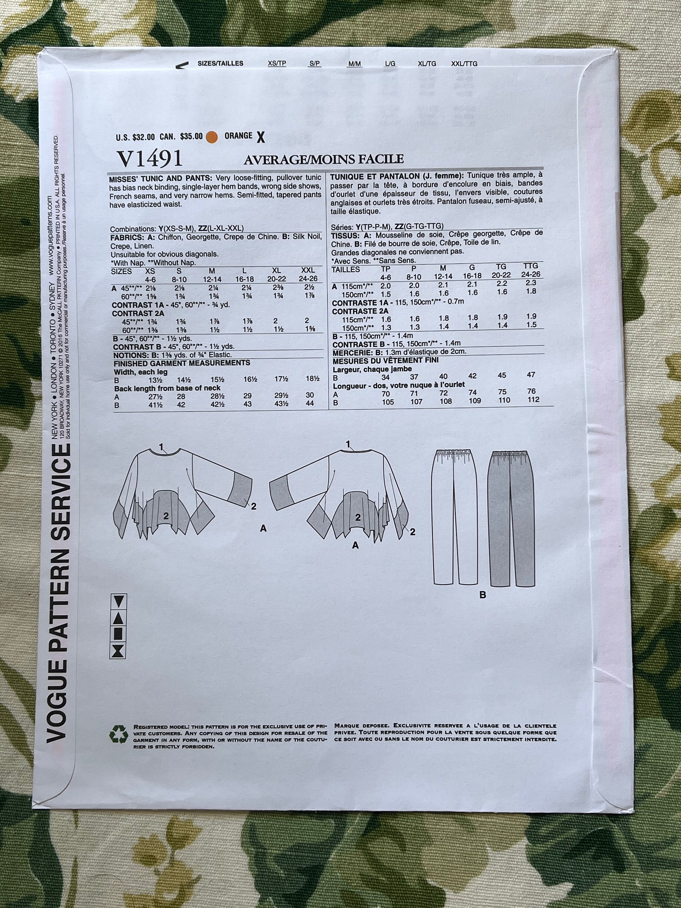 Vogue Sewing PATTERN 1491 Misses' Tunic and Pants Size XS-S-M Bust 29. ...