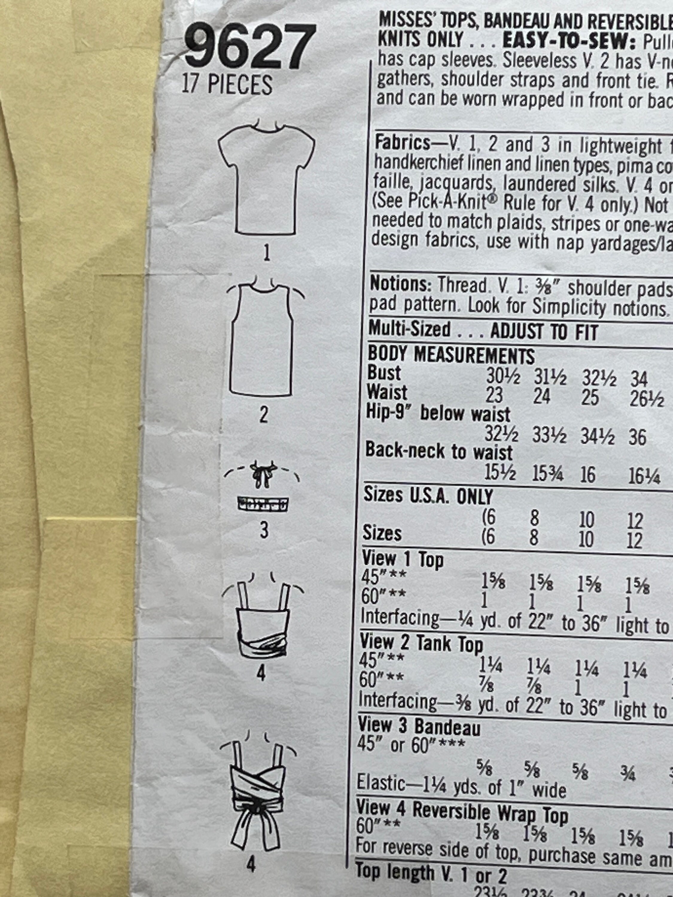 Vintage 1990s Simplicity Sewing PATTERN 9627, Misses' Tops, Bandeau and ...