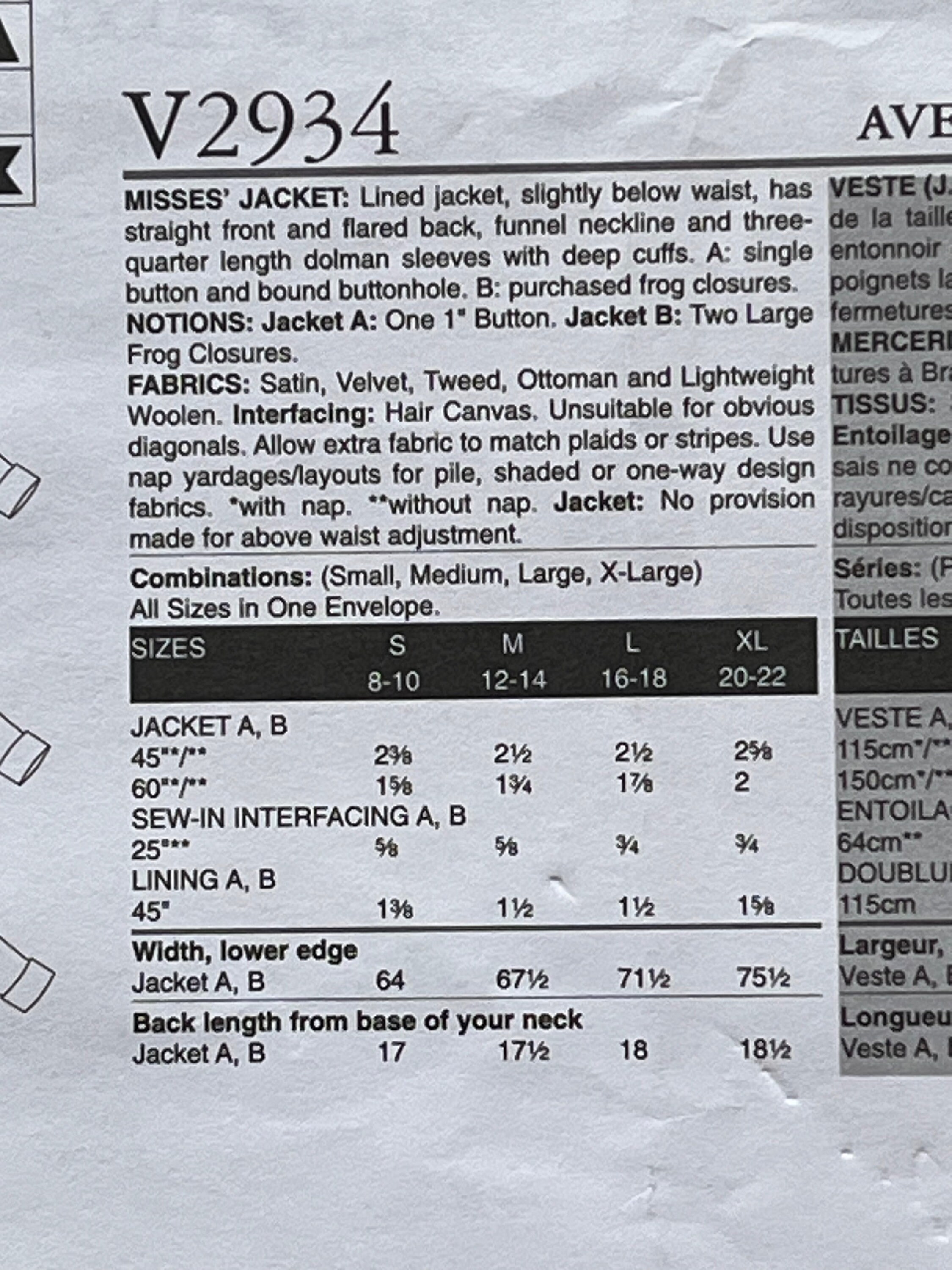 Vogue Sewing PATTERN 2934 Misses' Jacket / Coat All Sizes Included Bust ...