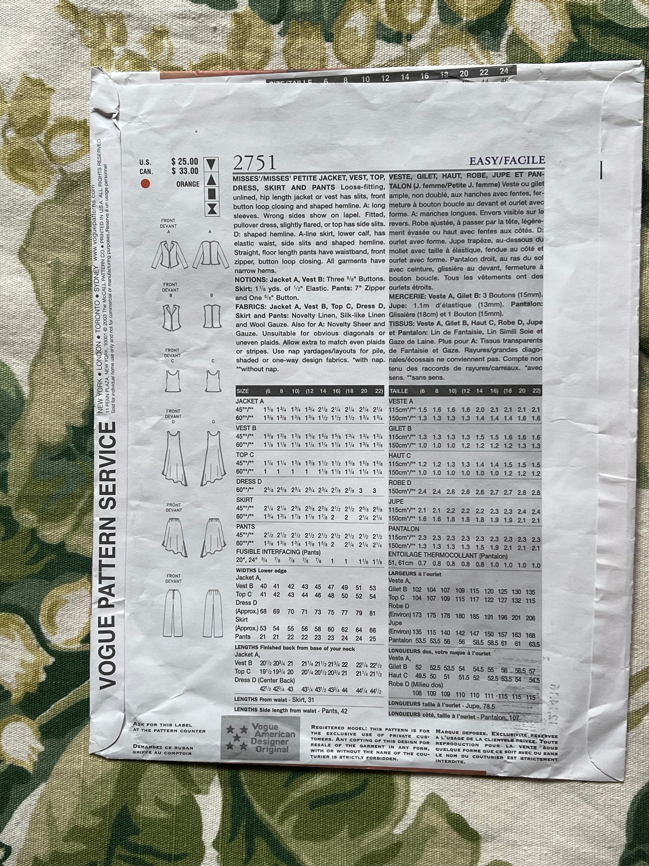 Vintage Vogue Sewing PATTERN 2751 Misses' Jacket, Vest, Top, Dress ...