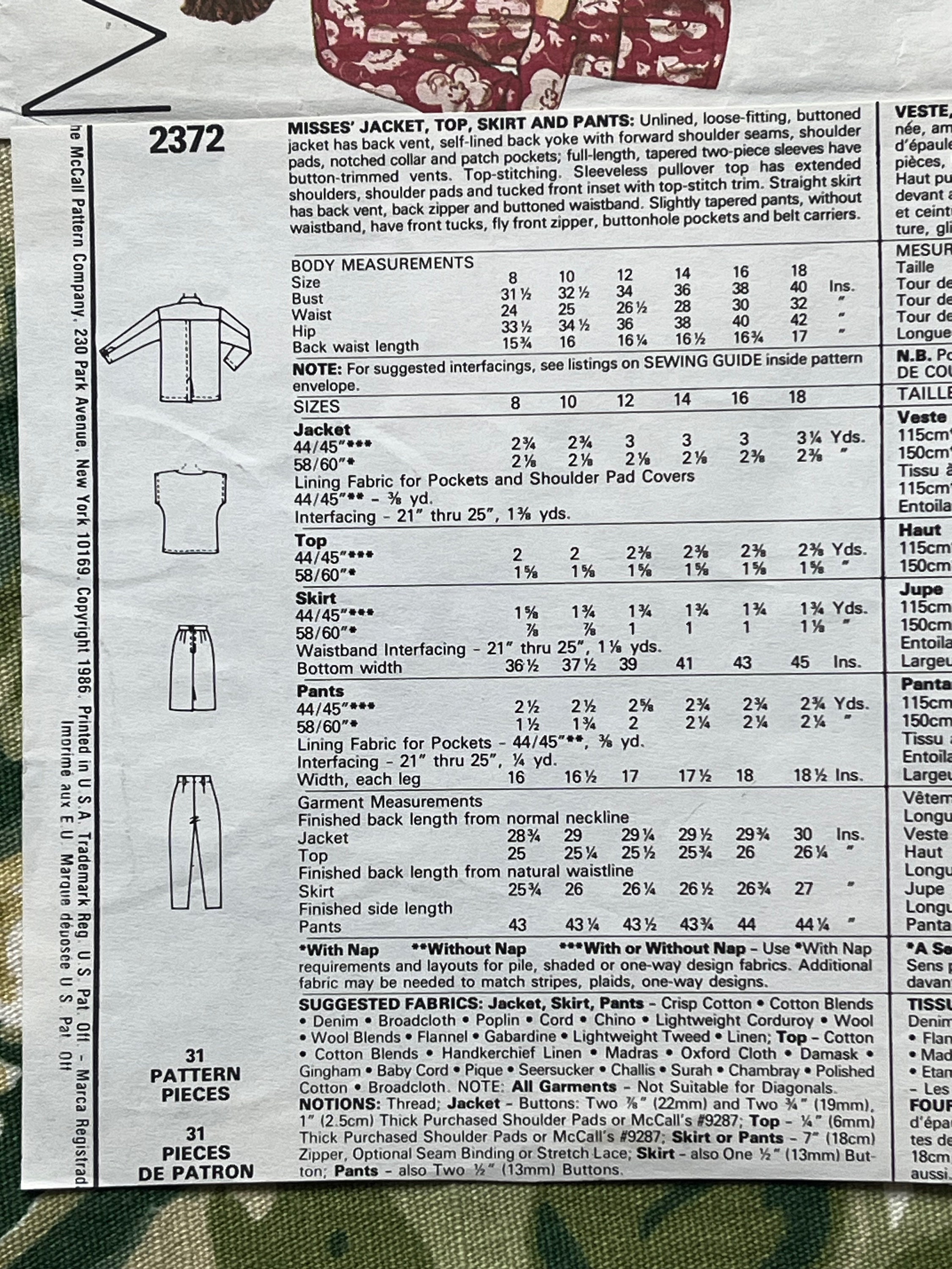 Vintage 1980s Mccall's Sewing PATTERN 2372 Misses' Jacket, Top, Skirt ...